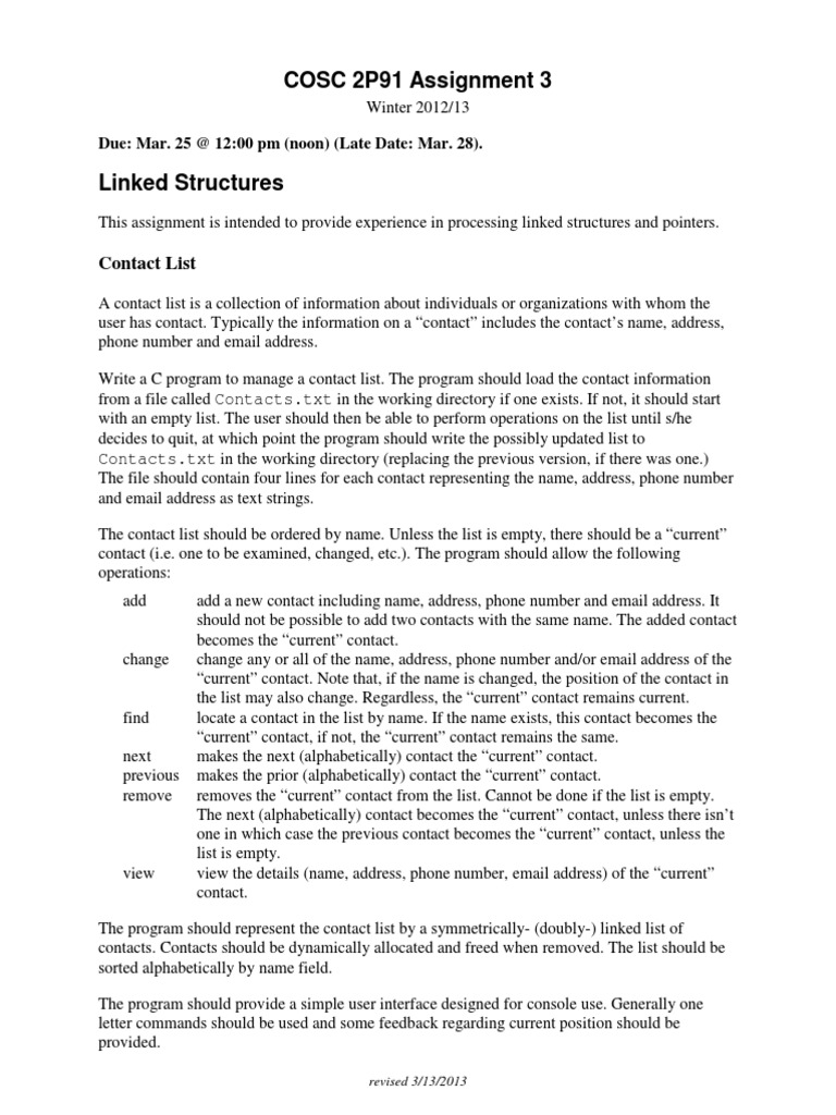 COSC 2P91 Assignment 3: Contact List | PDF | Command Line Interface | C (Programming Language)