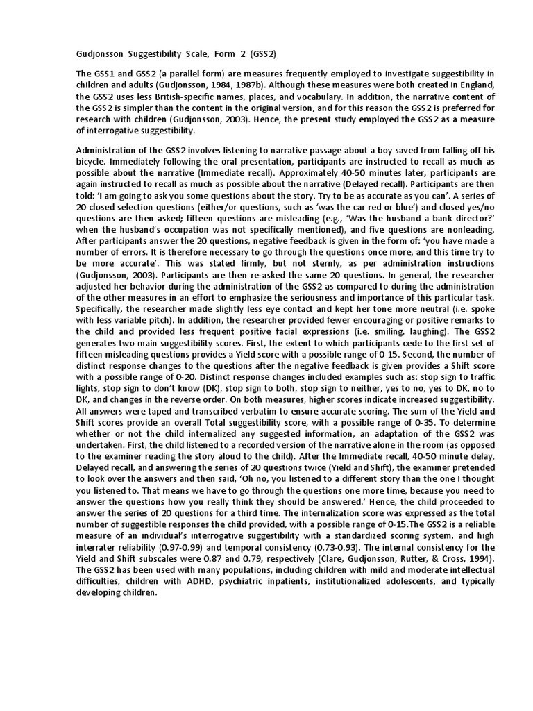 Gudjonsson Suggestibility Scale Measure of Interrogative Suggestibility ...