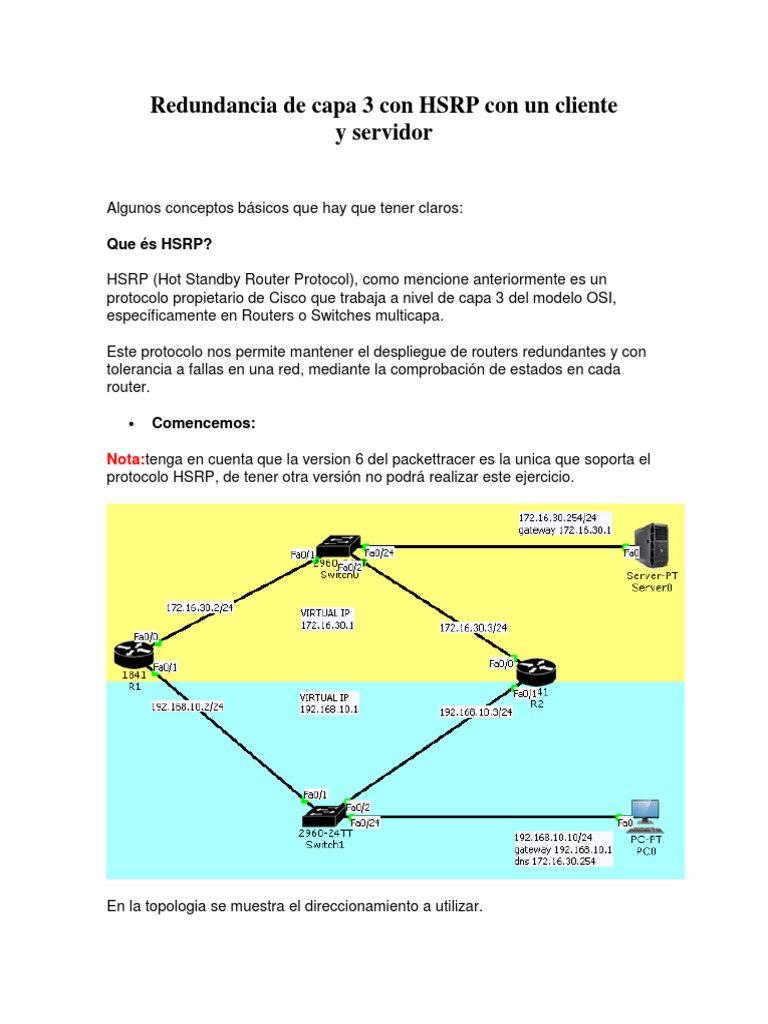 Redundancia de Capa 3 Con HSRP | PDF | Enrutador (Computación) | Dirección IP