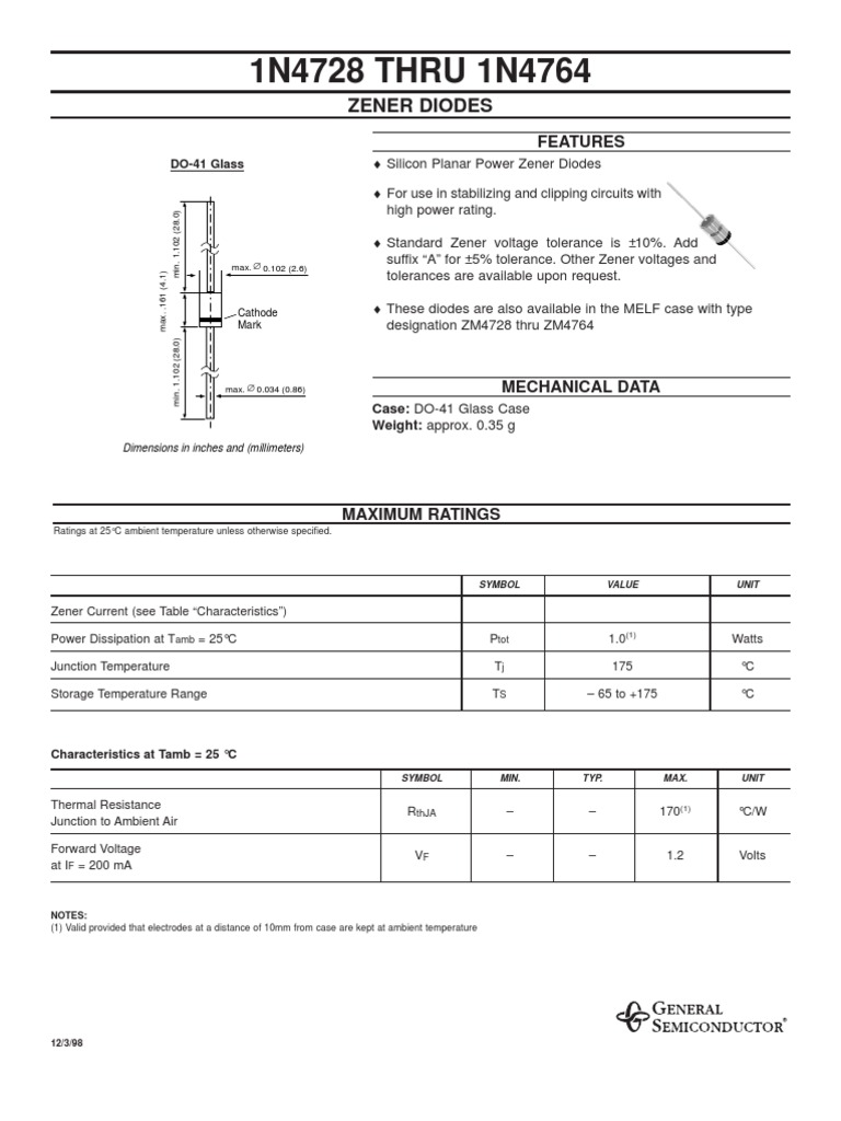 1n4728 Thru 1n4764 | PDF | Diode | Electrical Impedance