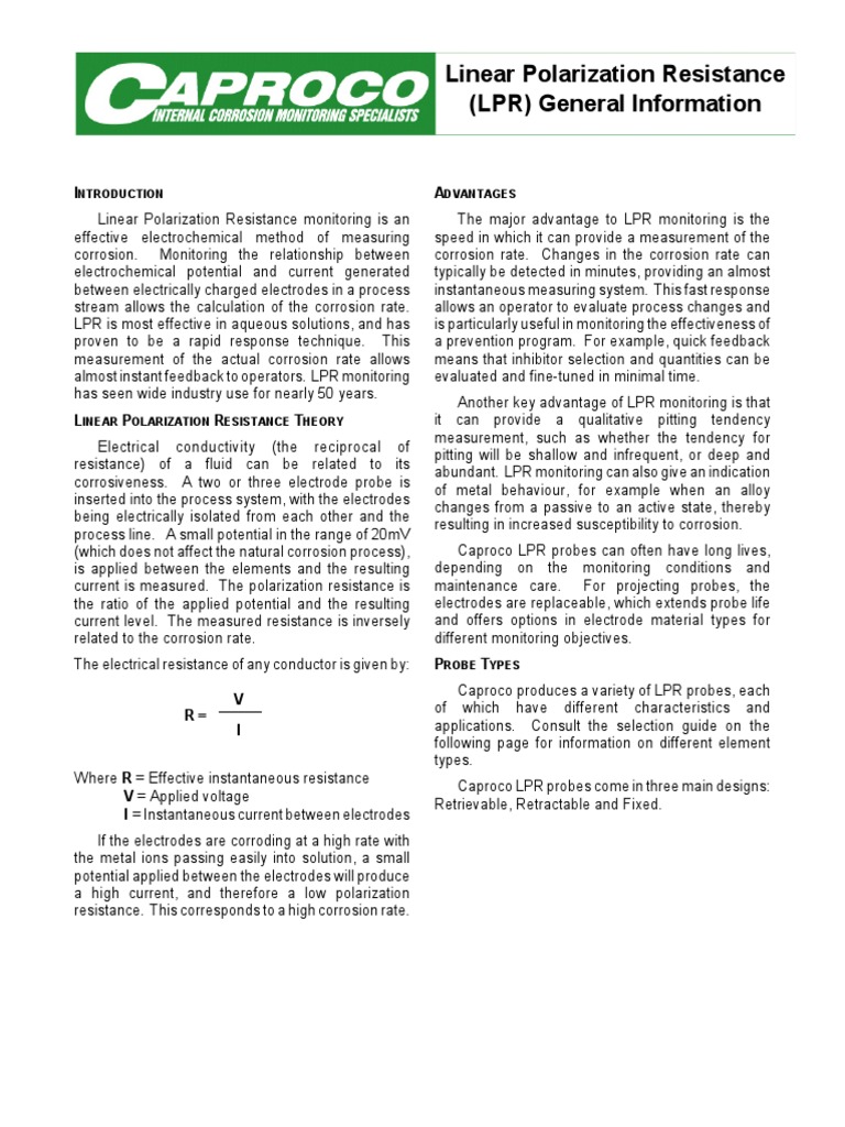 Caproco LPR Probes for Corrosion Monitoring | PDF | Technology ...