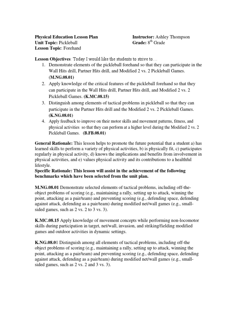 Pickleball Lesson Plan | PDF | Lesson Plan | Behavior Modification