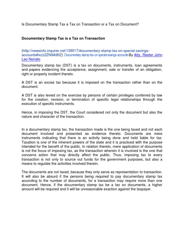 Documentary Stamp Tax Is A Tax On Transaction: accounts#ixzz2ZN9At8IZ | PDF