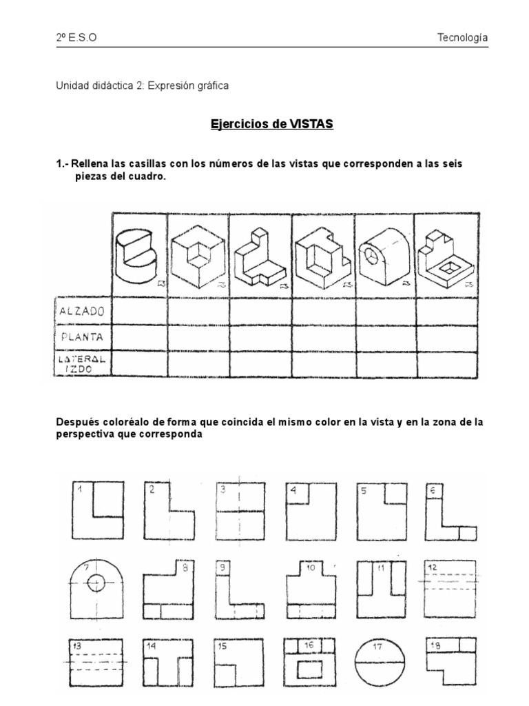 Ejercicios de Vistas y Dibujo 3D en Tecnología 2º ESO | PDF | Arte