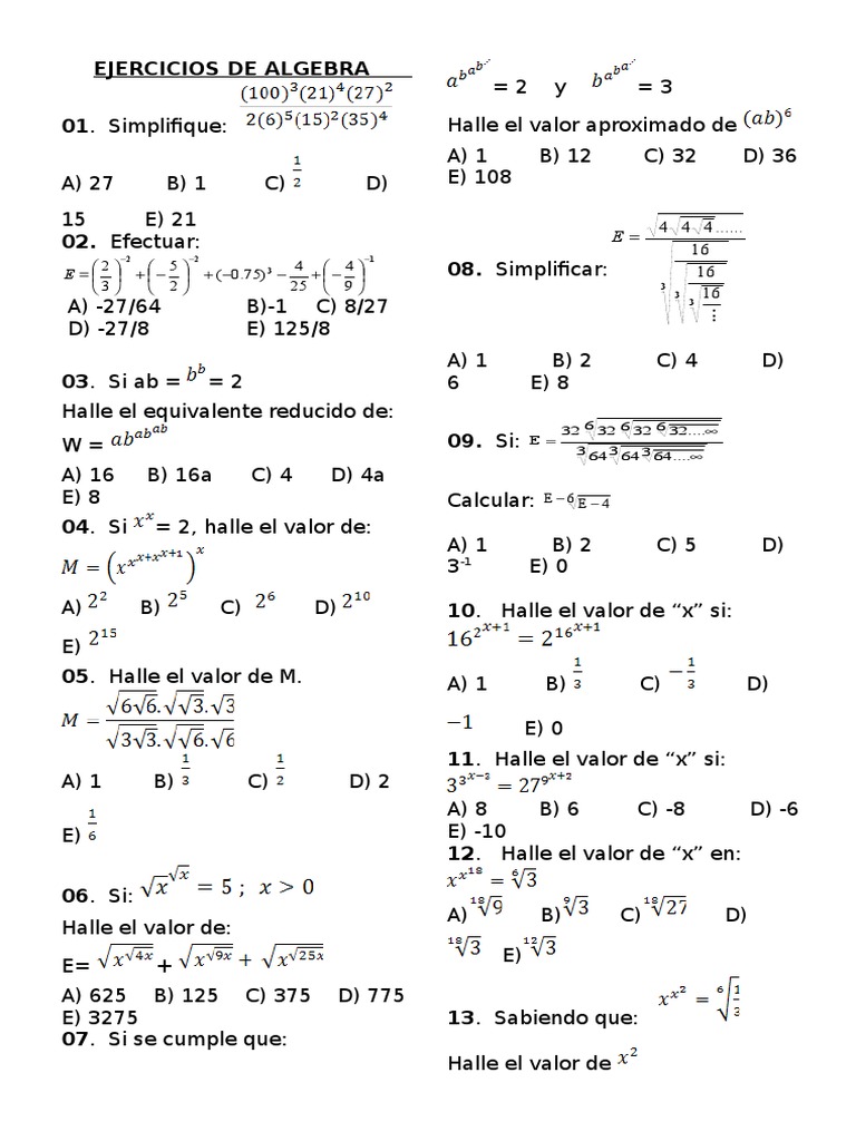 Ejercicios de Algebra EJERCICIOS DE ALGEBRA.doc