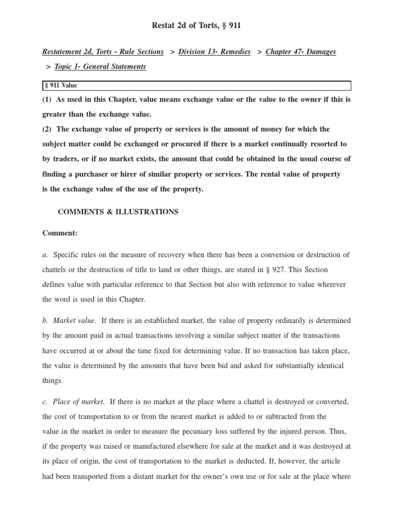 Value - Restatement of Torts 2d Section 911 | PDF | Conversion (Law) | Damages
