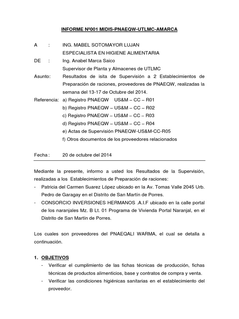 Informe Nº001 Midis | PDF | Análisis de Riesgo y Puntos Críticos de Control | Alimentos