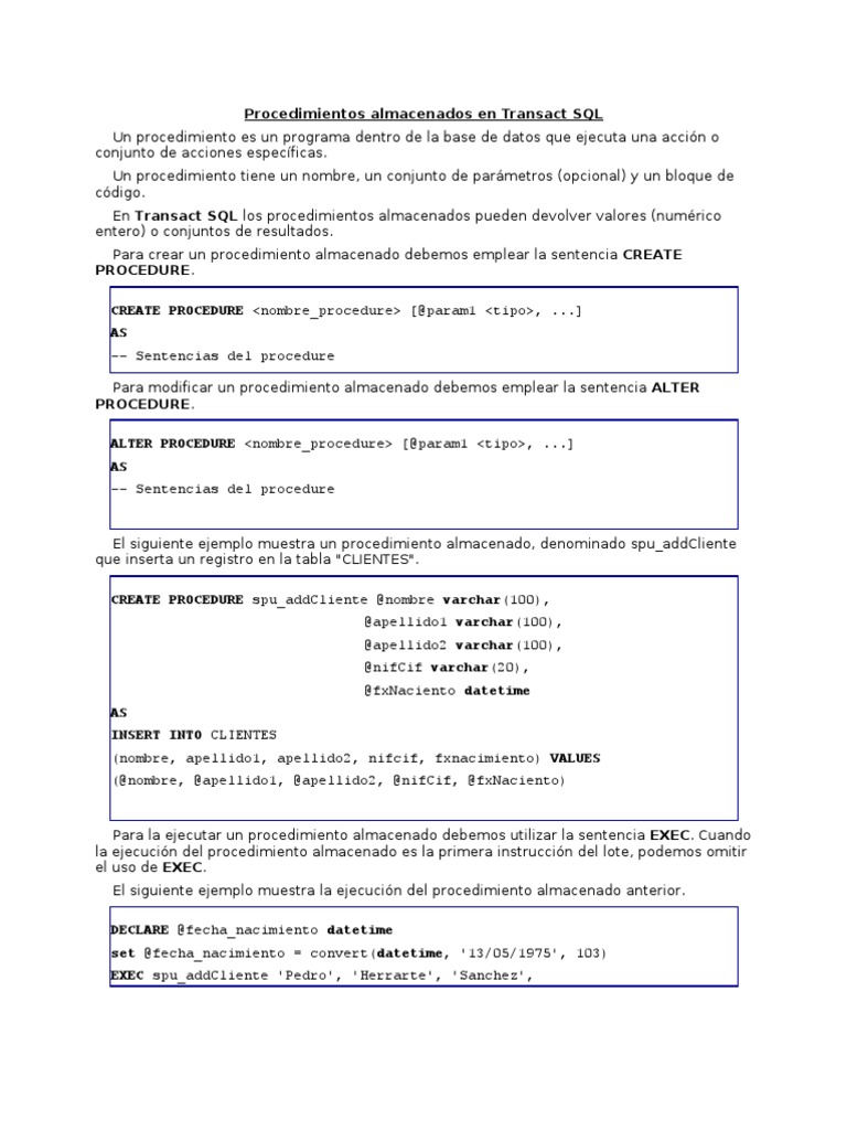 Procedimientos Almacenados en Transact SQL | PDF | SQL | Gestión de tecnología de la información