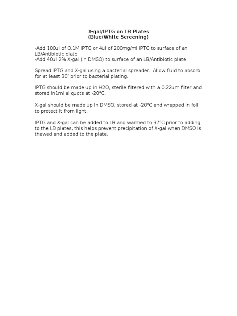 X-gal/IPTG On LB Plates (Blue/White Screening) | PDF