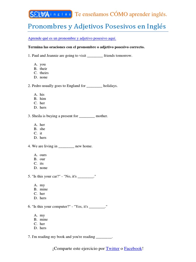 Ejercicios de Posesivos en Inglés | PDF | Sintaxis | Tipología Lingüística