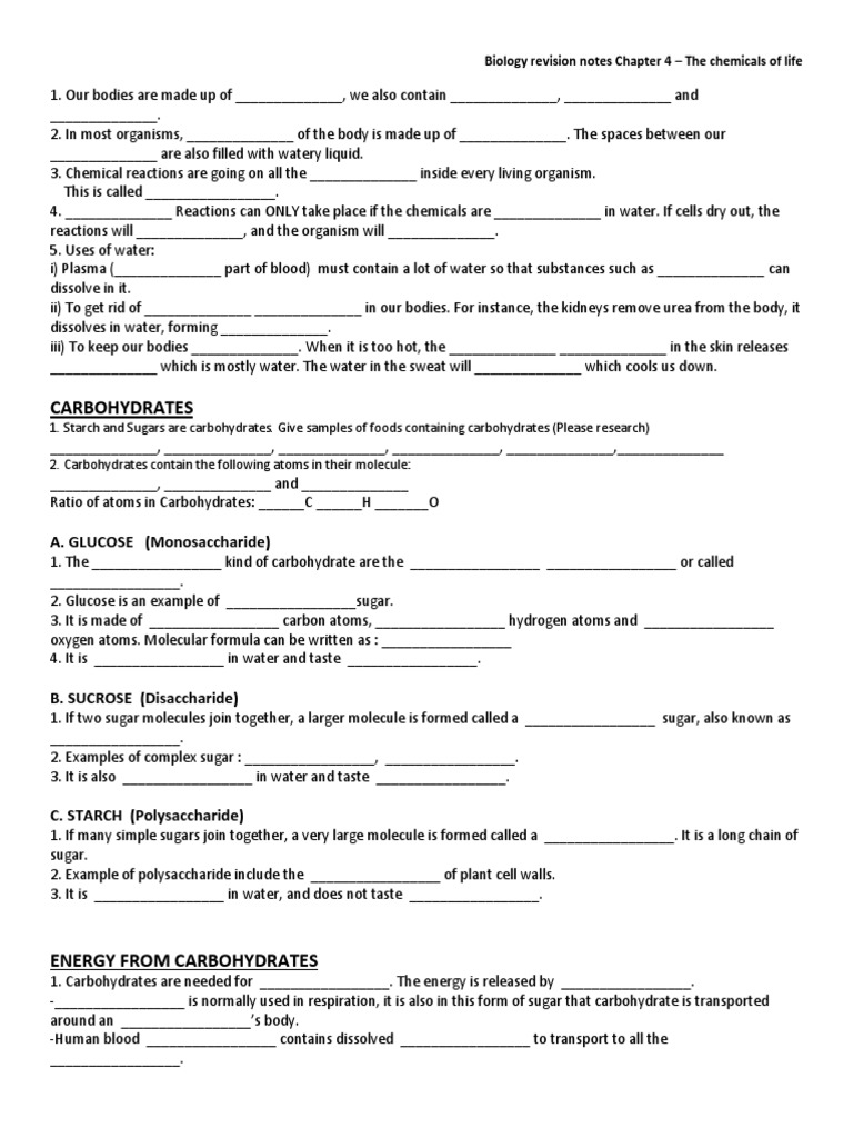 Chapter 4: Chemicals of Life Notes | PDF | Carbohydrates | Fat