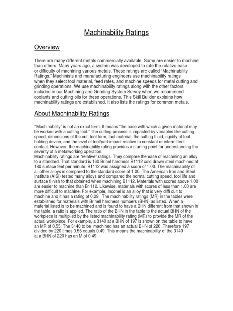 Material Machinability Ratings PDF | PDF | Machining | Building Materials