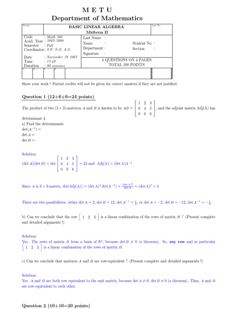 260mid2 2007fall Solutions | PDF | Basis (Linear Algebra) | Linear Subspace