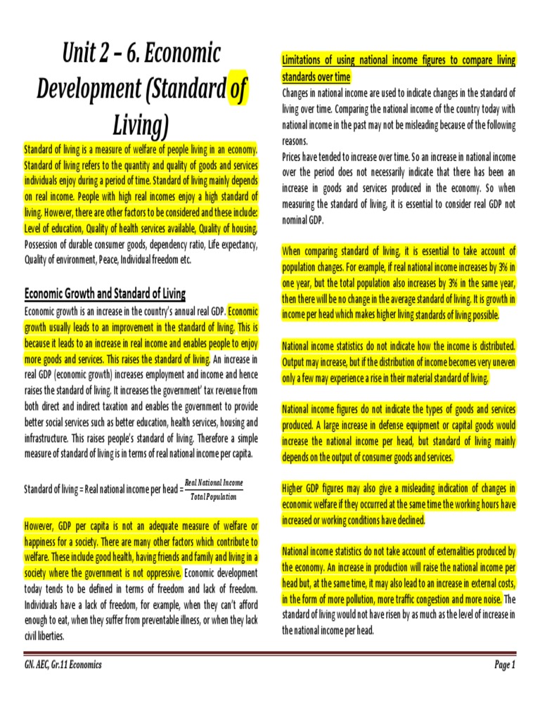 Standard of Living | PDF | Developing Country | Measures Of National ...