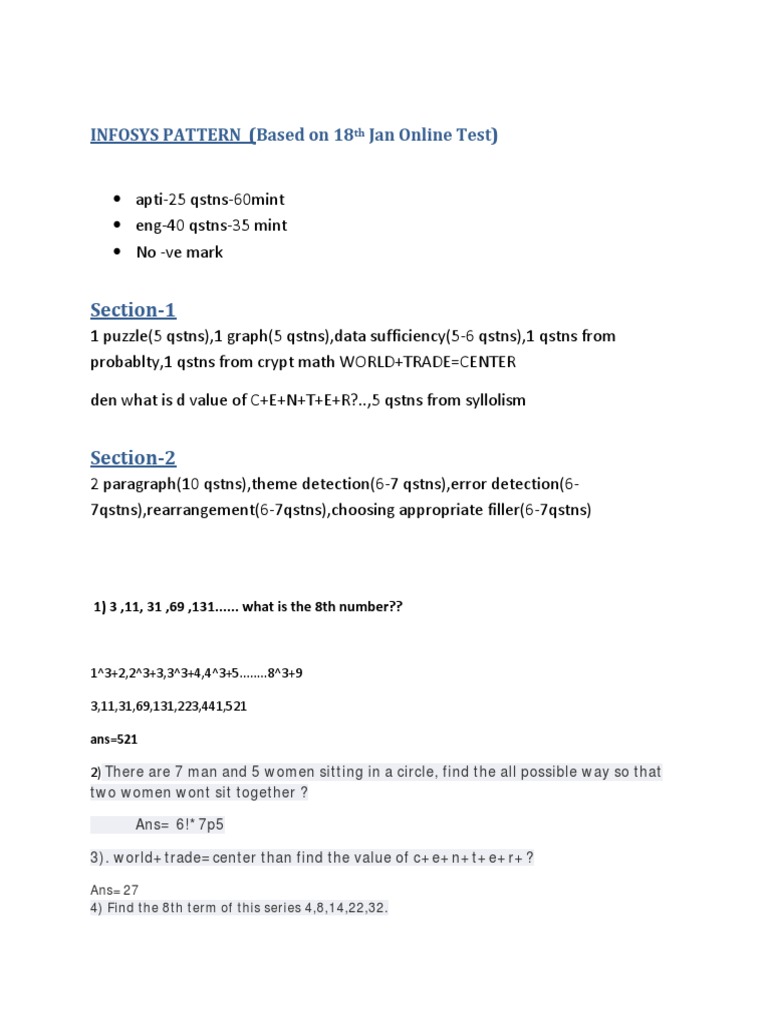 Section-1: Infosys Pattern (Based On 18 Jan Online Test) | PDF ...