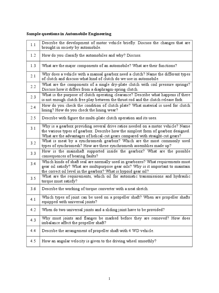 Sample Questions in Automobile Engineering | PDF | Transmission ...
