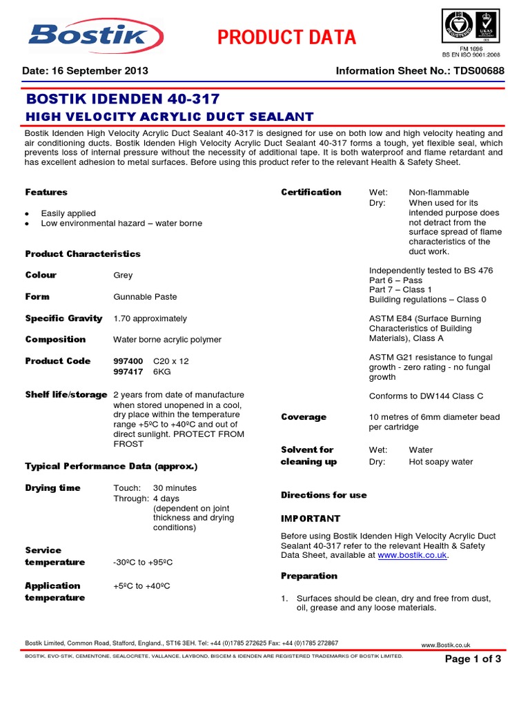 Product Data: Bostik Idenden 40-317 | PDF | Duct (Flow) | Disclaimer