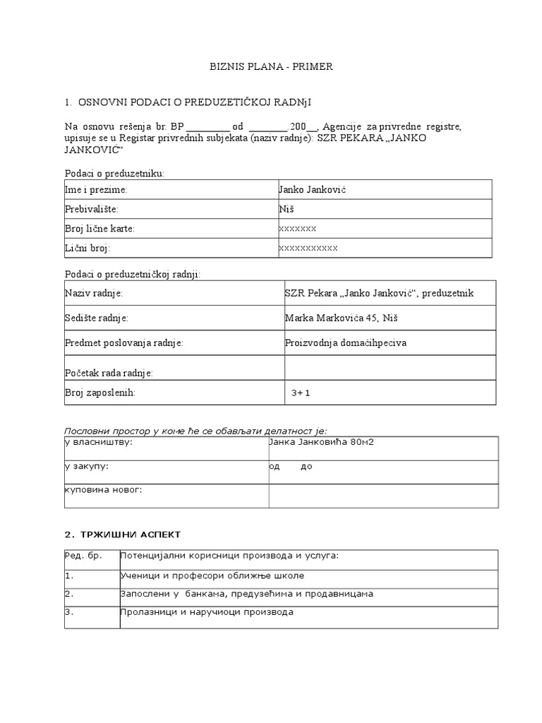 Primer Biznis Plana Za Preduzetnika (Automatski Sačuvano) | PDF