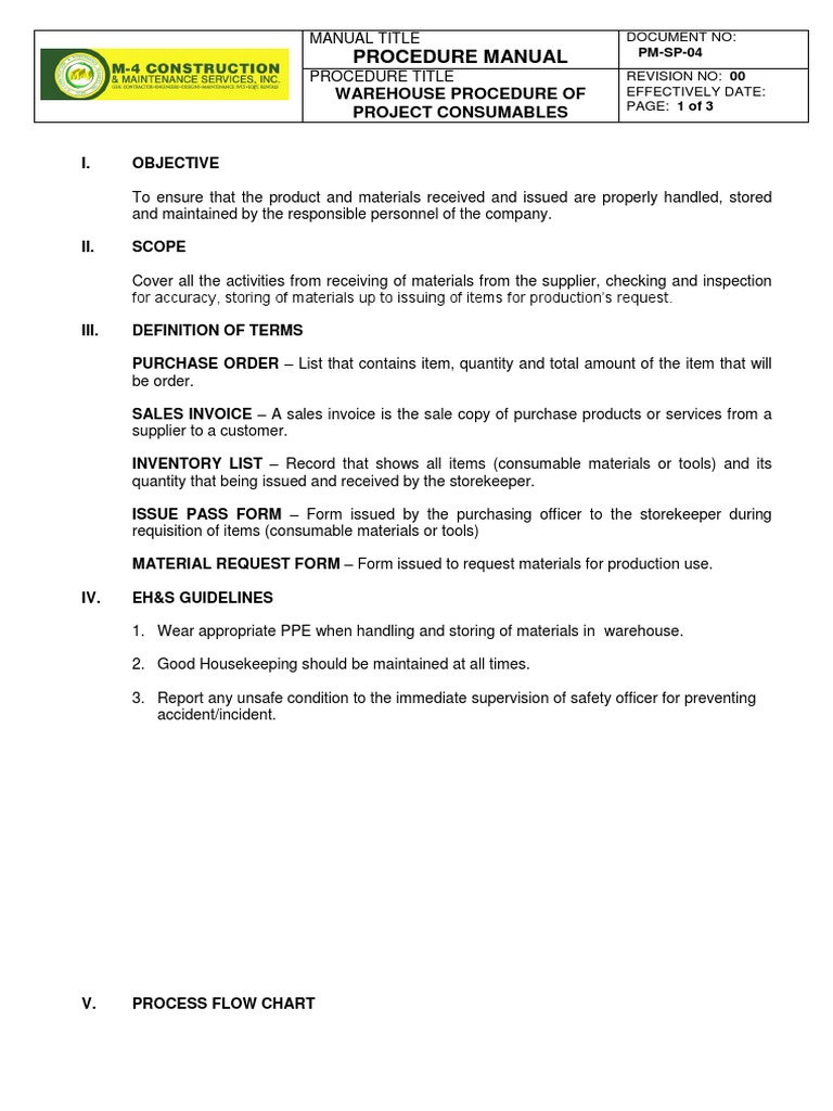 Warehouse Procedure of Project Consumables | PDF | Warehouse | Bearing ...