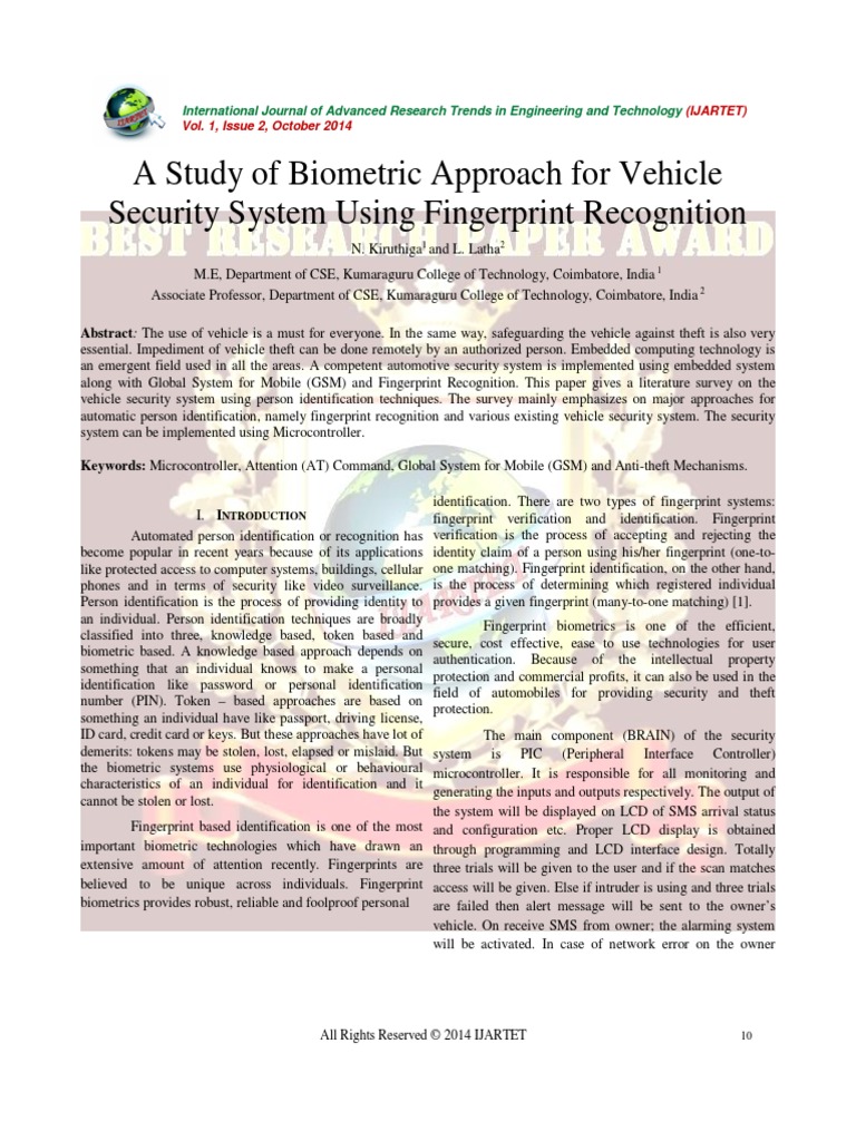 A Study of Biometric Approach For Vehicle Security System Using ...
