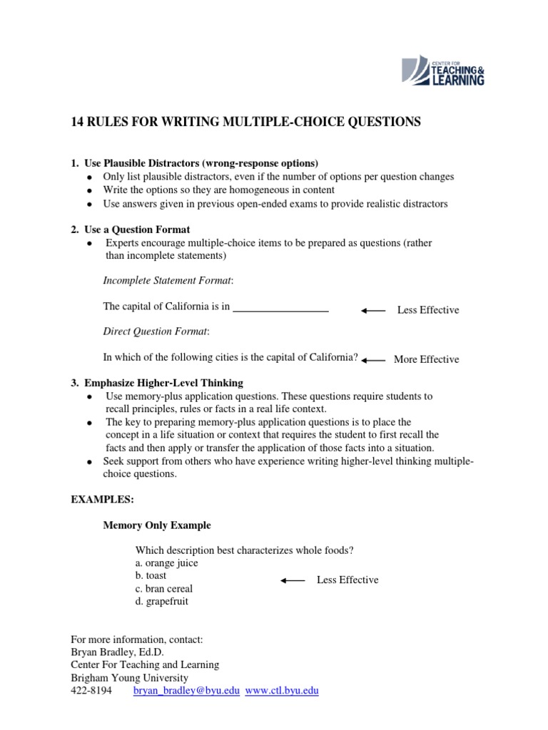 14 Rules For Writing Multiple-Choice Questions: 1. Use Plausible ...