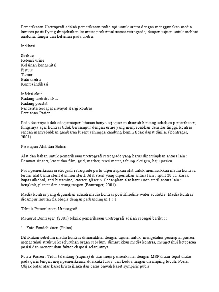 Teknik Pemeriksaan Uretrografi | PDF Teknik Pemeriksaan Uretrografi | PDF