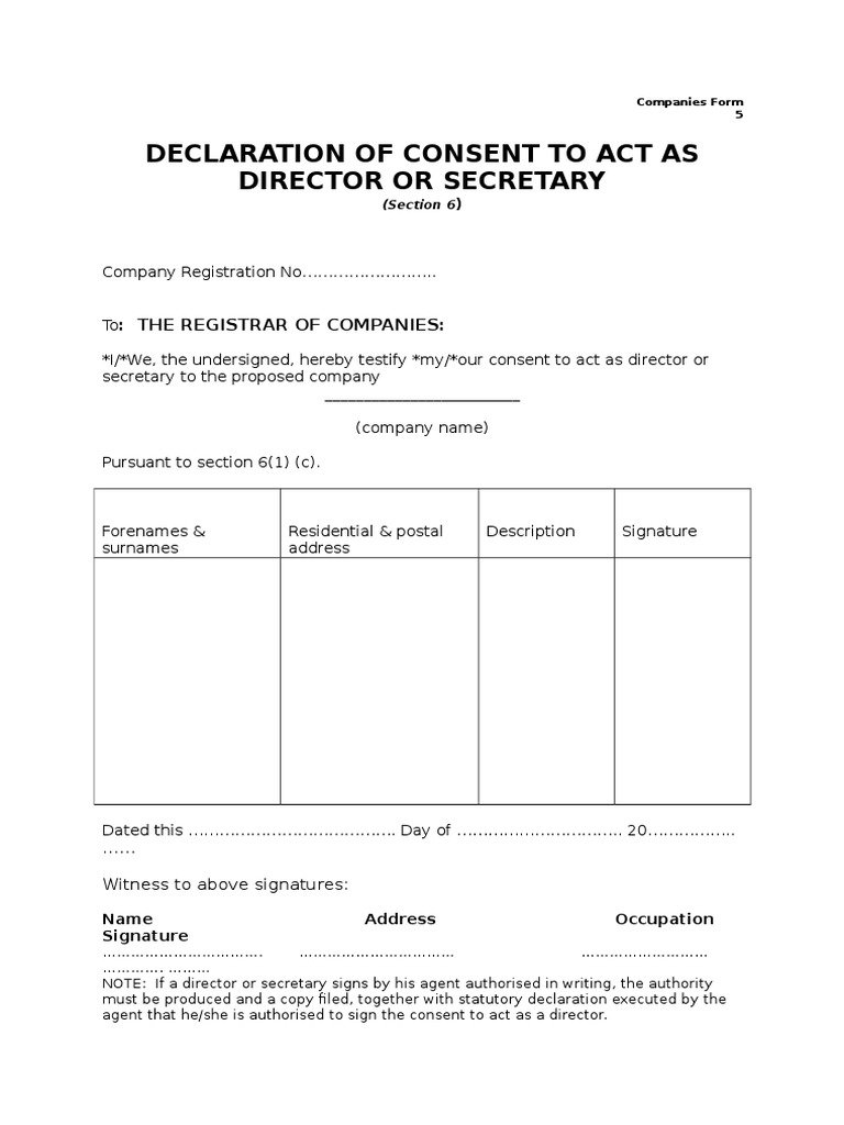 Director and Secretary Consent Form | PDF