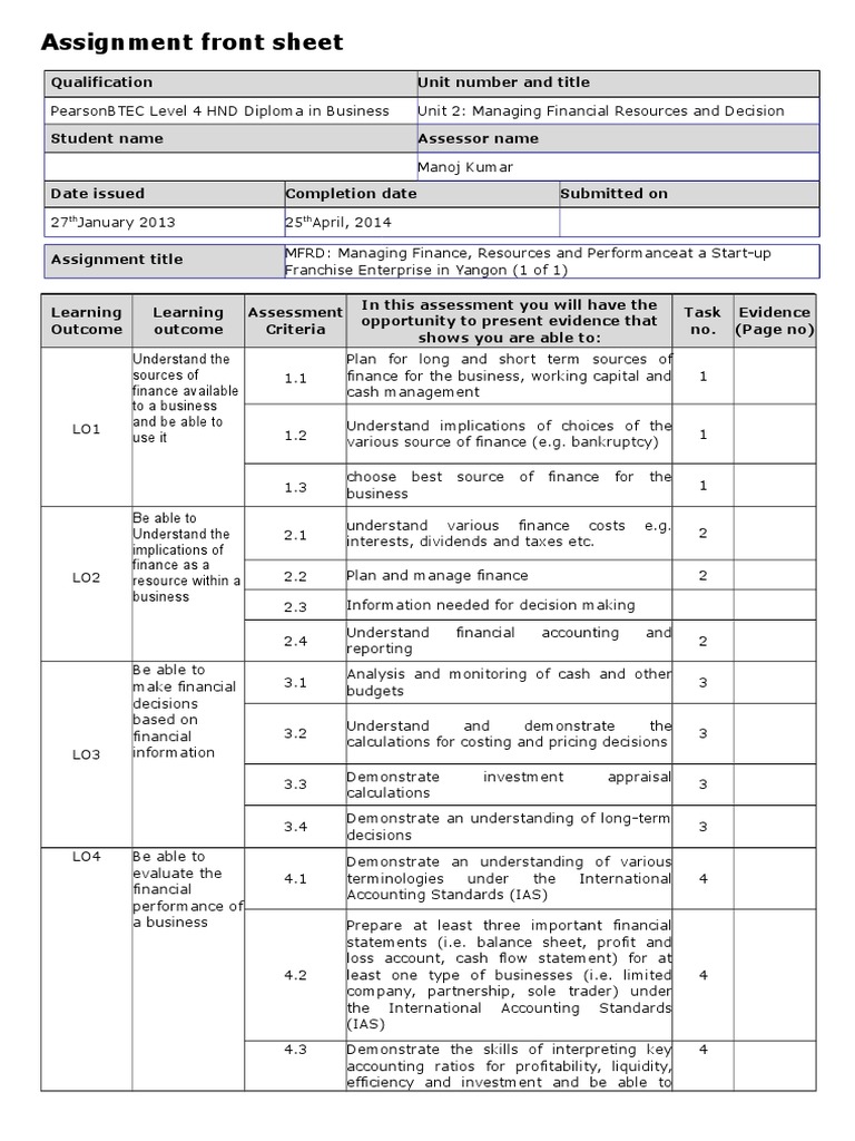 Pearson Btec Level 4 Hnd Diploma in Business Unit 2 Managing Financial ...