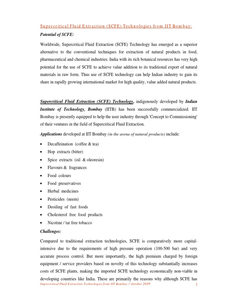 SCF Extraction Techology From IITB | PDF | Supercritical Fluid | Carbon ...