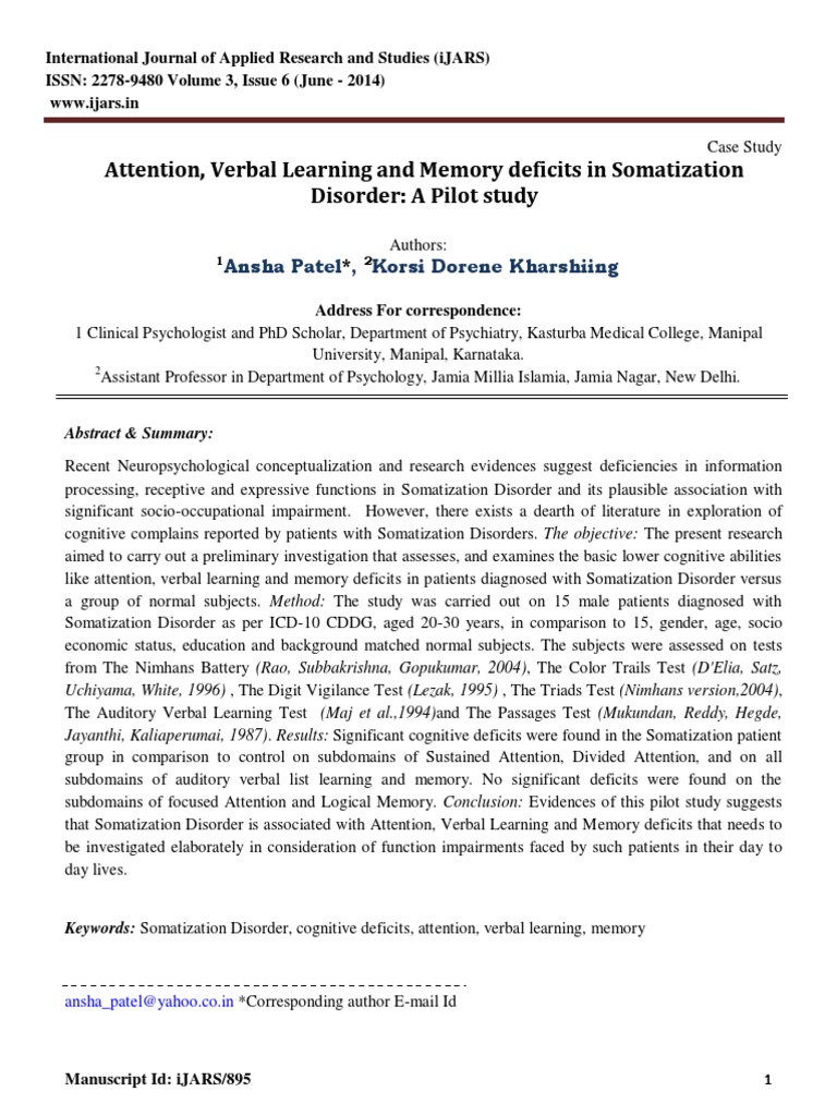 Attention, Verbal Learning and Memory Deficits in Somatization Disorder ...