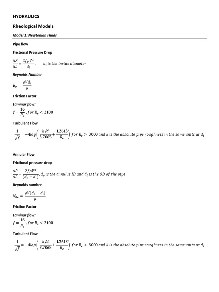Hydraulics Rheological Models: Pipe Flow Frictional Pressure Drop | PDF | Fluid Dynamics ...