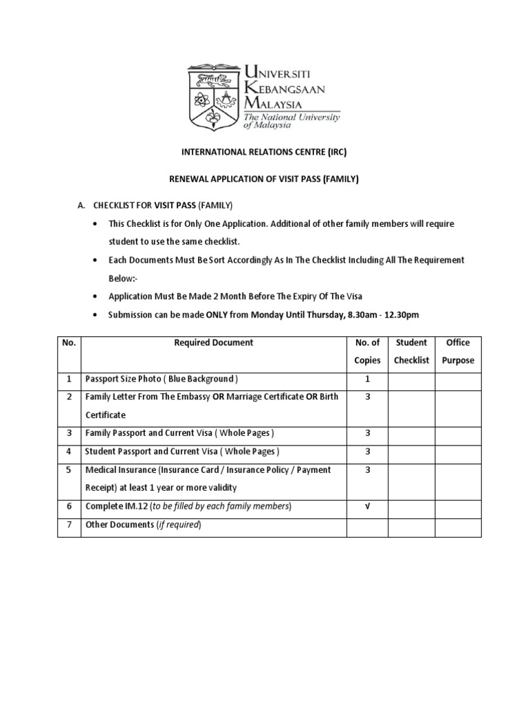 International Relations Centre (Irc) Renewal Application of Visit Pass ...