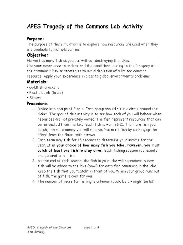 APES Tragedy of The Commons Lab Activity: Purpose: Objective | PDF ...
