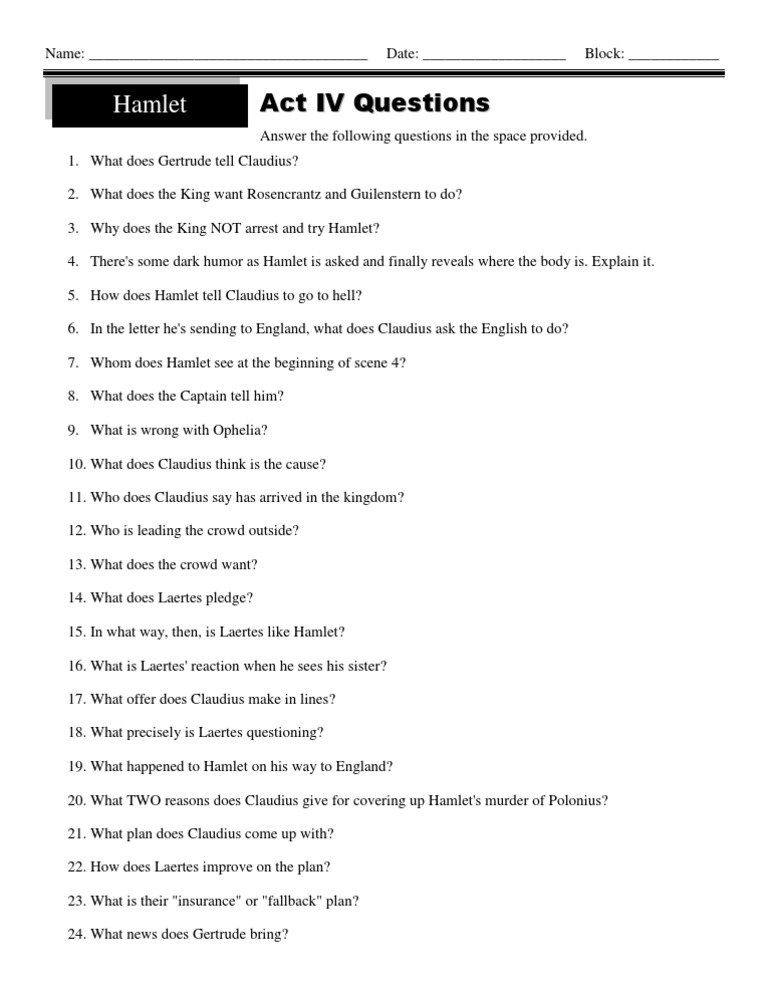 Act 4 Hamlet Study Questions | PDF