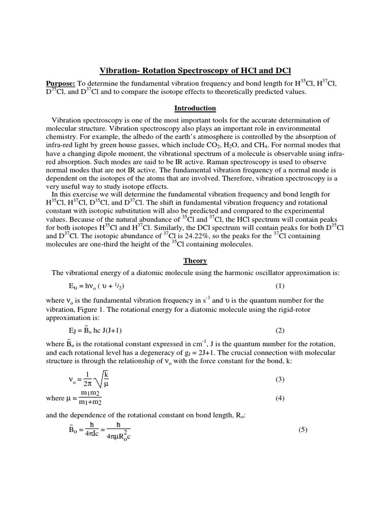 Vibration Rotation Spectroscopy Of Hcl And Dcl Pdf Molecules Spectroscopy