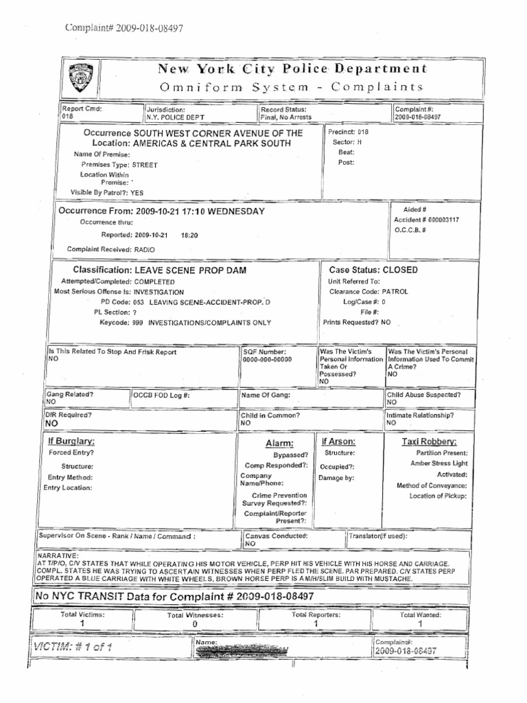 NYC Police Accident Complaint Report | PDF | New York City Police ...