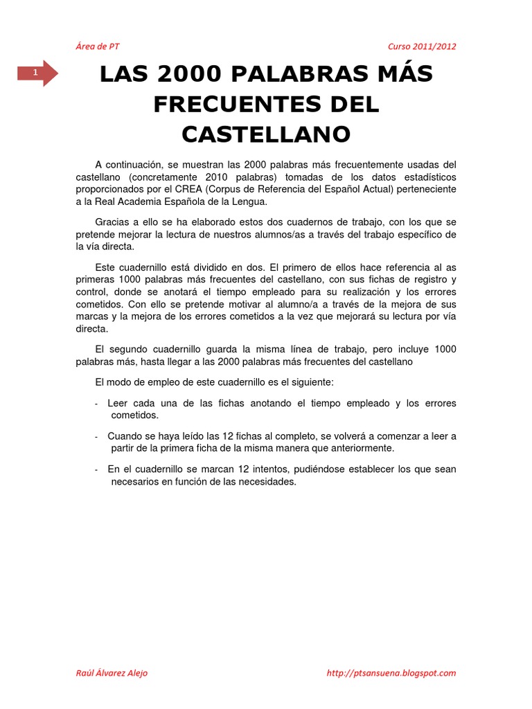 Las 2000 Palabras Más Frecuentes Del Castellano - Cuadernillo | PDF ...