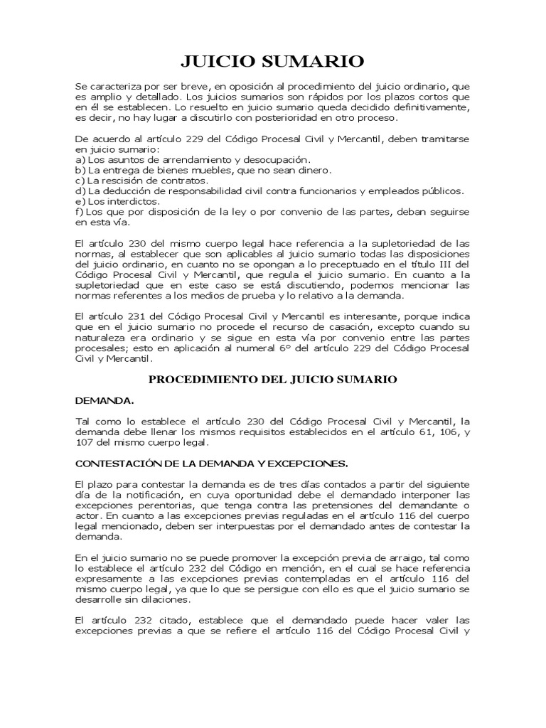 Juicio Sumario | Ley procesal | Demanda judicial