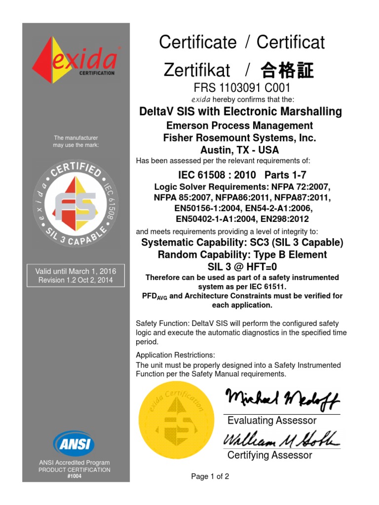 DeltaV SIS With Electronic Marshalling Certificate Rev 1.2 Oct 2 2014 ...