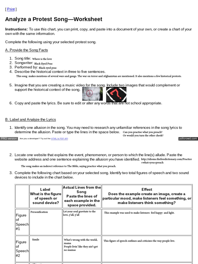Analyze A Protest Song - Worksheet - HTML PDF | PDF