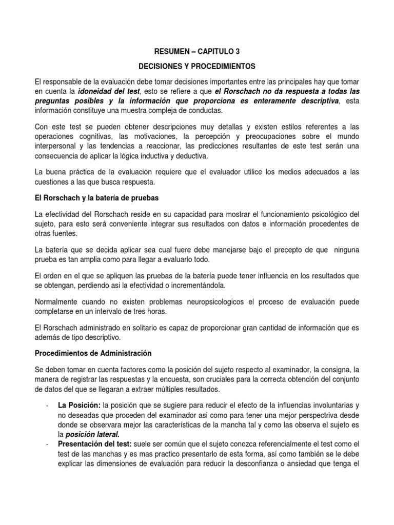 Resumen Cap 3 Decisiones y Procedimientos - Rorschach | PDF | Toma de decisiones | Información