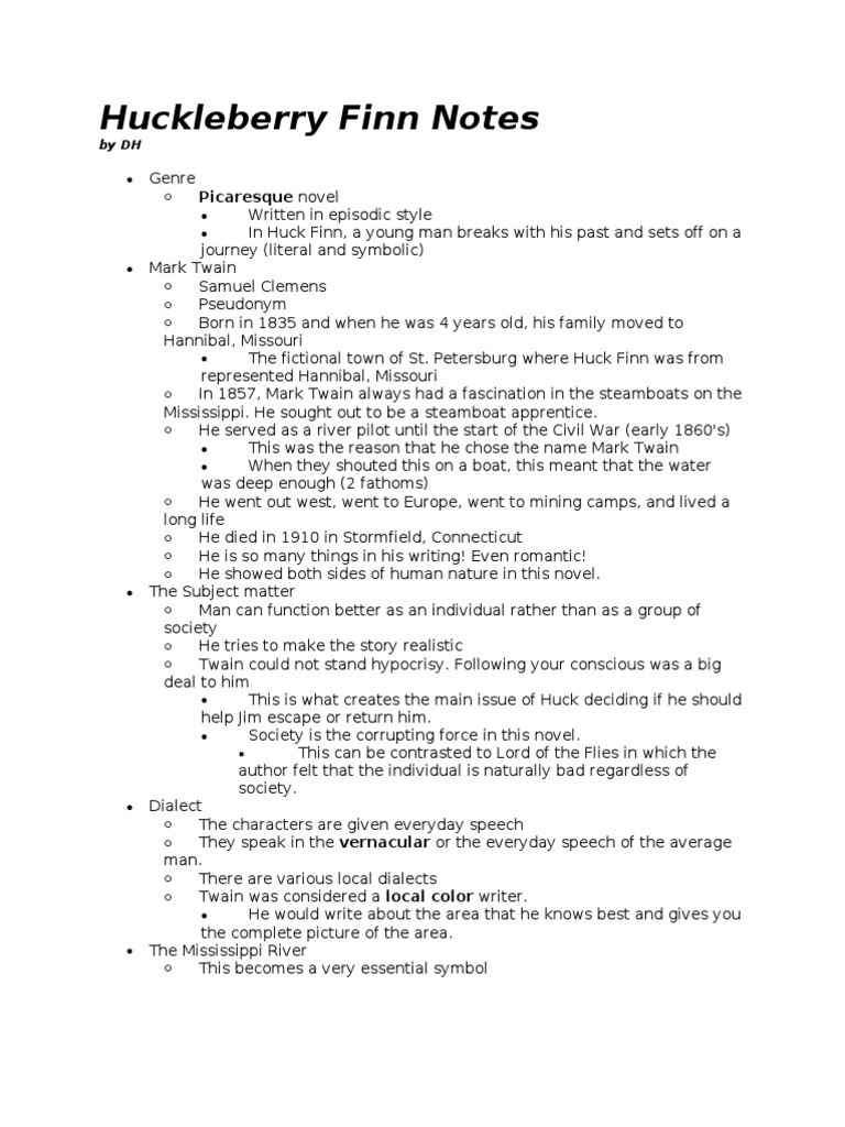 Huckleberry Finn Notes | Download Free PDF | Huckleberry Finn | Mark Twain