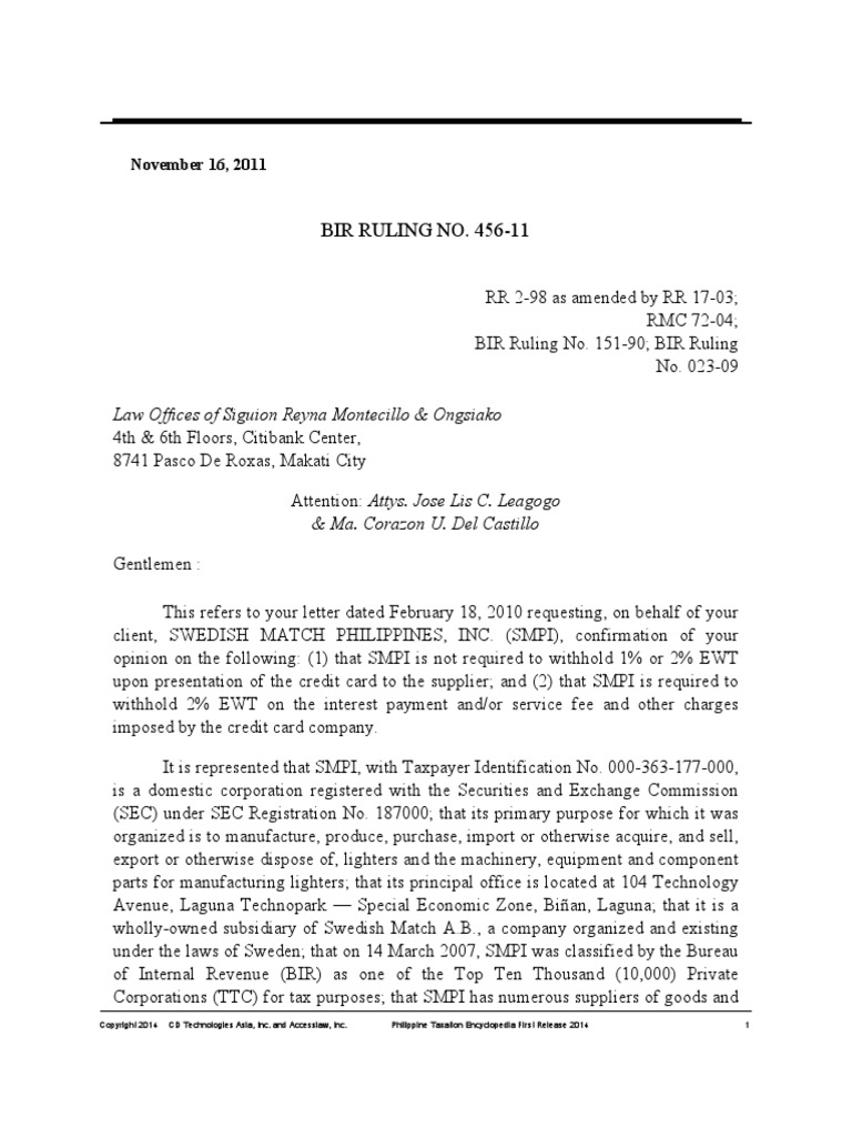 BIR Ruling 456-2011 | PDF | Credit Card | Credit (Finance)