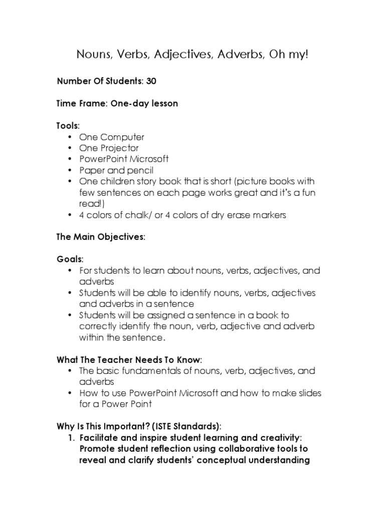 Nouns, Verbs, Adjectives, Adverbs, Oh My! | PDF | Part Of Speech ...