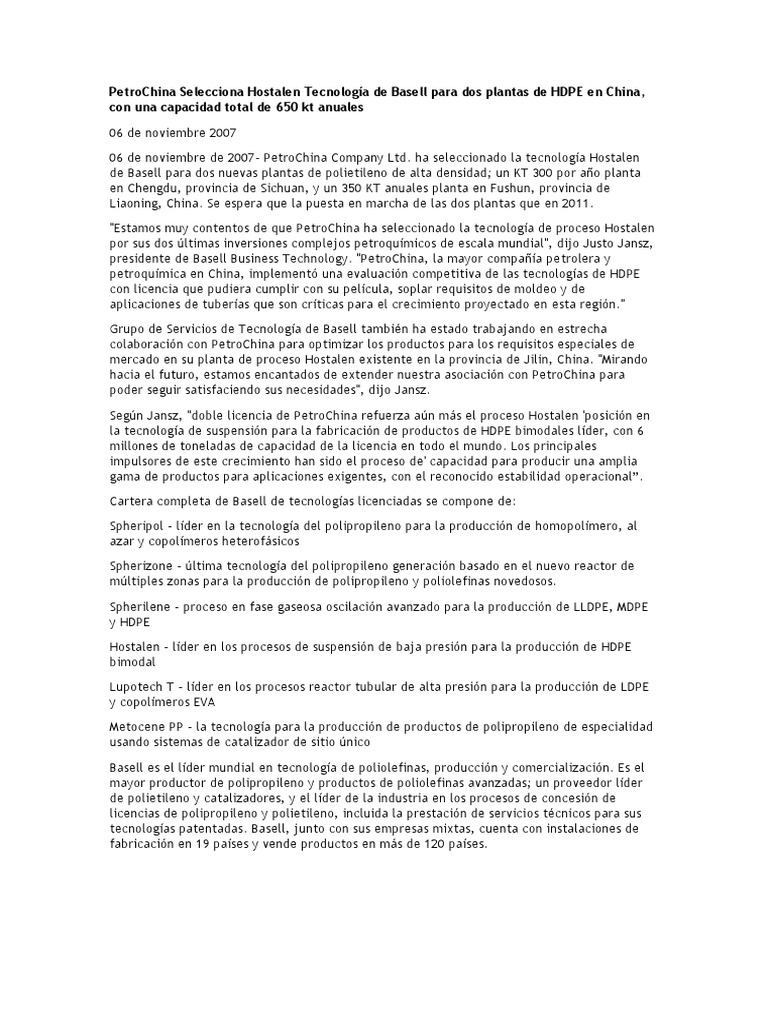 PetroChina elige Hostalen para HDPE | PDF | El plastico | Sustancias ...