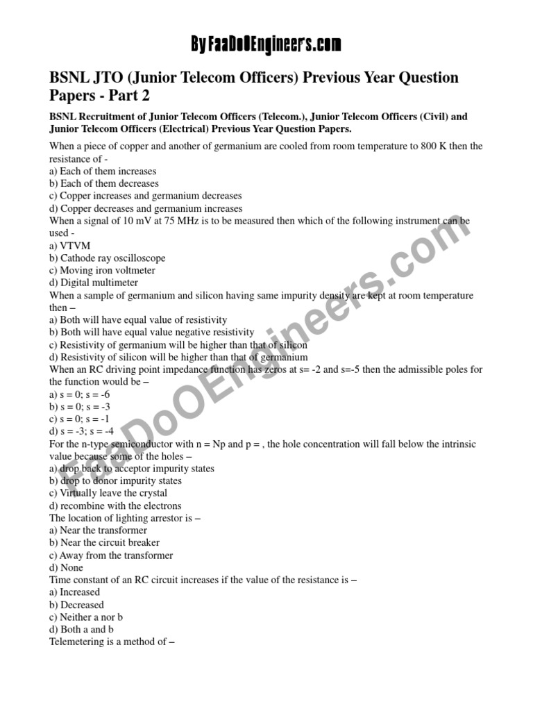 BSNL JTO (Junior Telecom Officers) Previous Year Question Papers - Part 2 | Download Free PDF ...