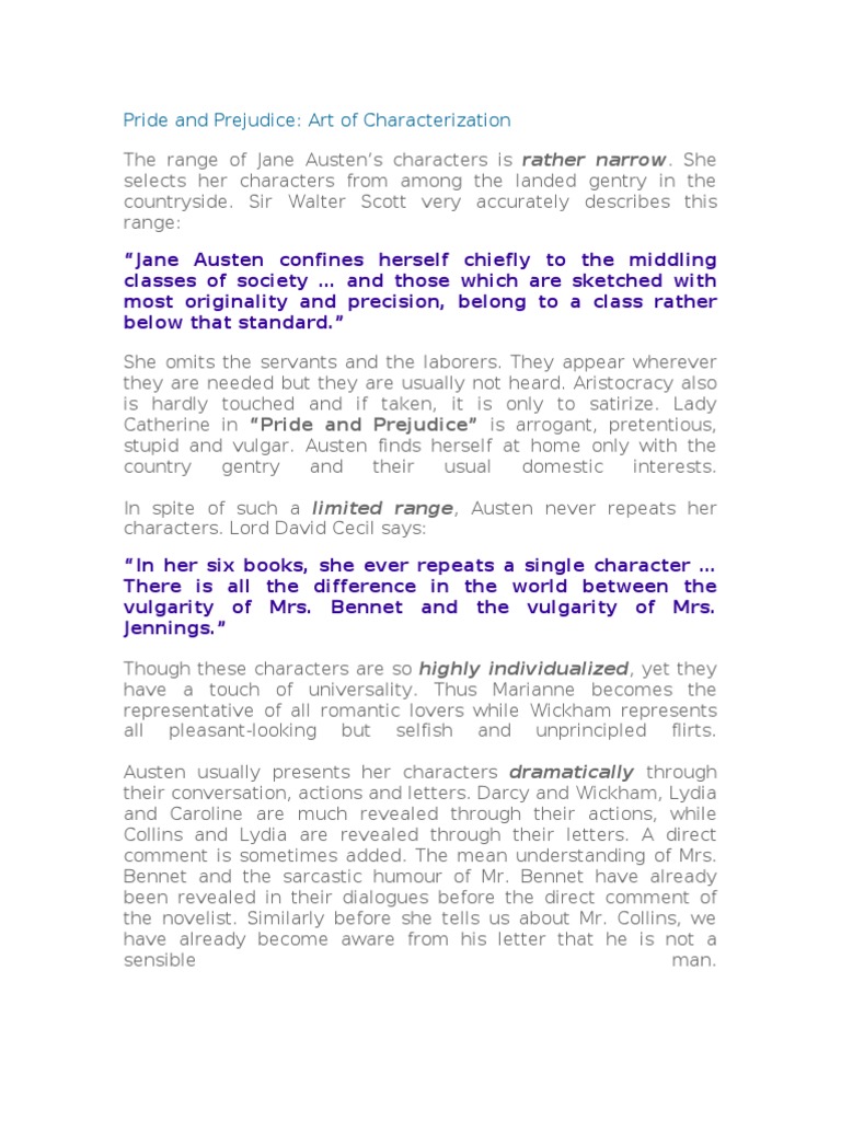 Pride and Prejudice: Art of Characterization | PDF | Pride And ...