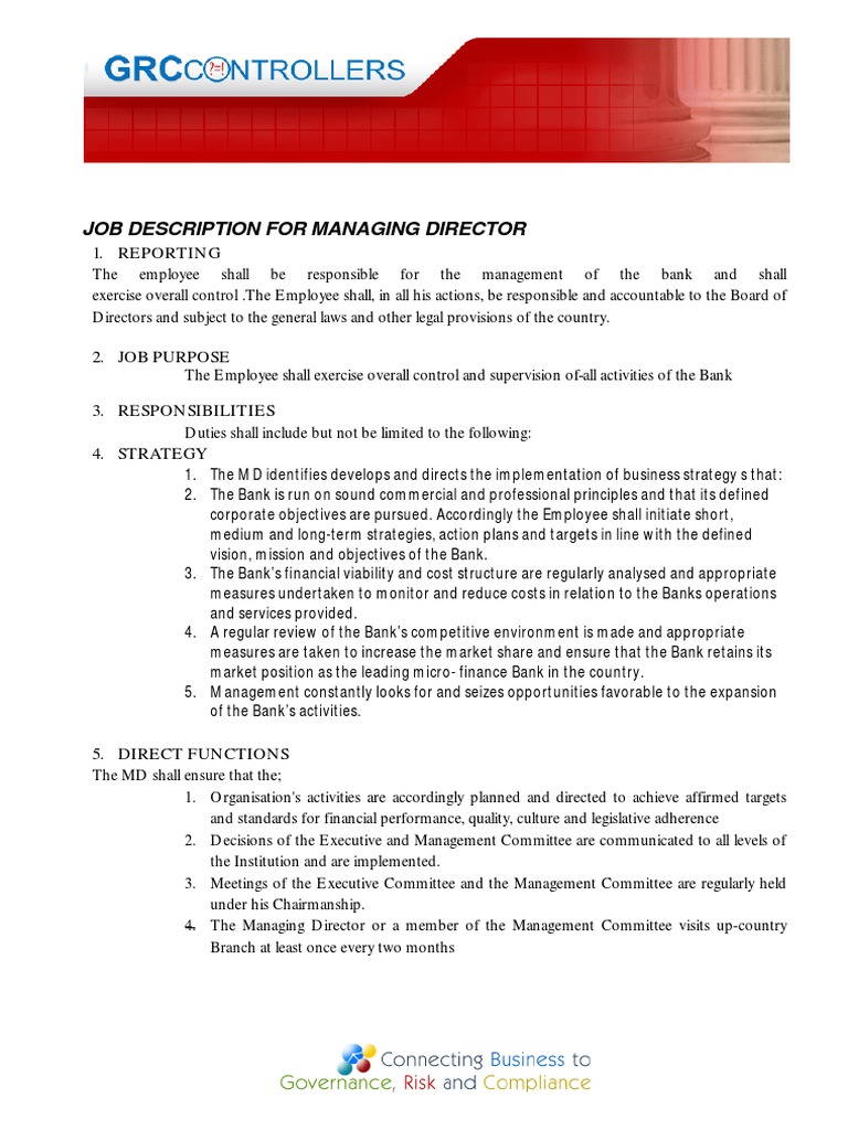 Managing Director Job Description | PDF | Chief Executive Officer | Banks