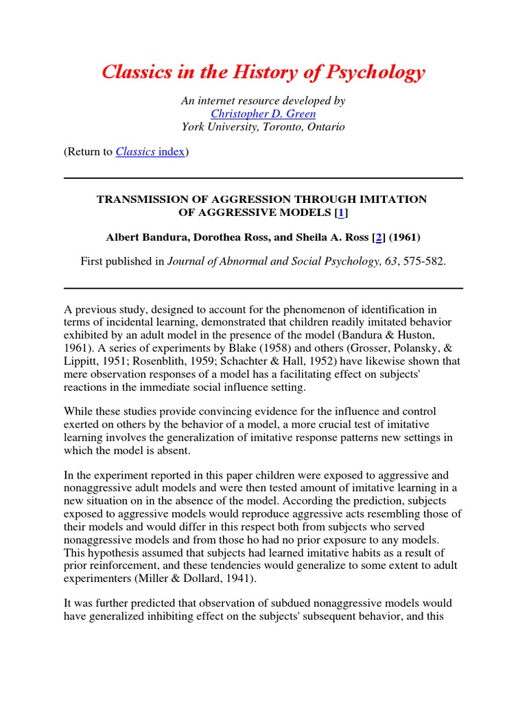 Classics in The History of Psychology | PDF | Aggression | Imitation