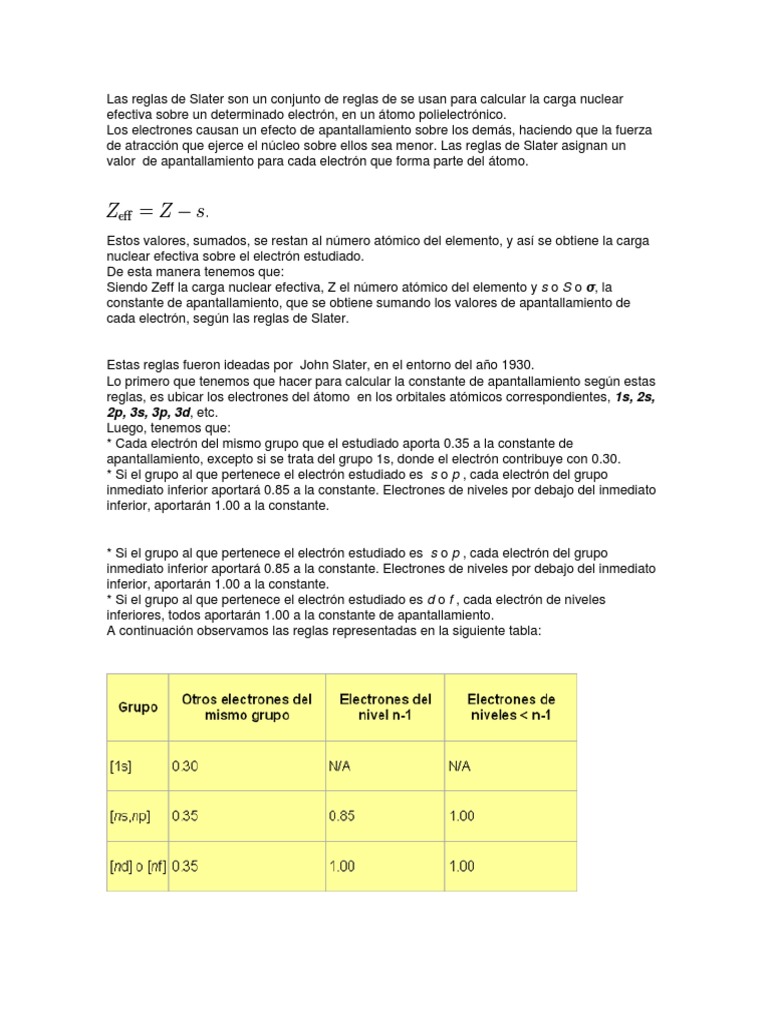 Las Reglas de Slater Son Un Conjunto de Reglas de Se Usan para Calcular ...
